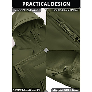 TACVASEN Men Winter Waterproof Snowboard Softshell Parka Jacket Tactical Hoodie Rain Jackets Fleece Lined Mutil-pockets Ski Coats Army Green M