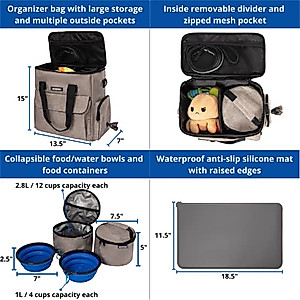 Dog Travel Bag | Dog Food Storage Containers, Silicone Mat, Large Collapsible Bowls | Airline Approved Dog Accessories Organizer | Dog Poop Bag Dispenser | Dog Stuff & Pet Supplies Travel Essentials