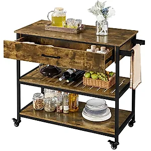 Topeakmart 40 Inch Mobile Kitchen Island Cart on Wheels for Home Kitchen, 40 Inch Rolling Utility Trolley Cart with Drawer and Storage Shelf, 3-Tier Large Kitchen Work Table Dining Cart, Rustic Brown