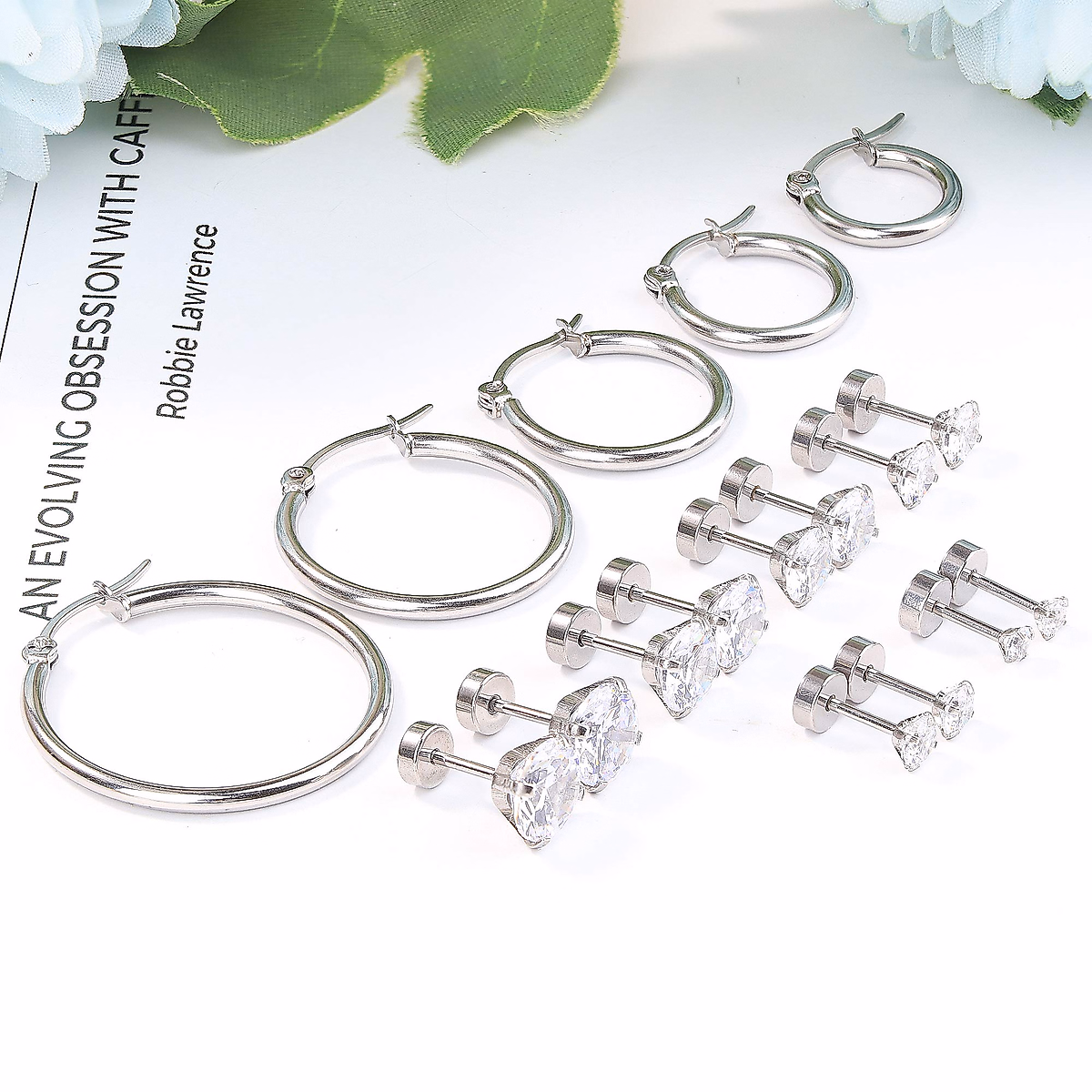 LOYALLOOK 11Pairs Stainless Steel Ear Stud Piercing Hoop Earrings Set Cute Huggie Earrings Cubic Zirconia Cartilage Barbell Stud Earring Screw Flat Back Earrings