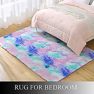 FGCOGOD Fluffy Soft Shag Rug for Bedroom, 3 x 5 Feet Kids Rugs for Bedroom Girls, Shaggy Tie Dyed Purple Blue Carpet for Living Room, Colorful Non-Slip Area Rug, Children Playroom Nursery Rug