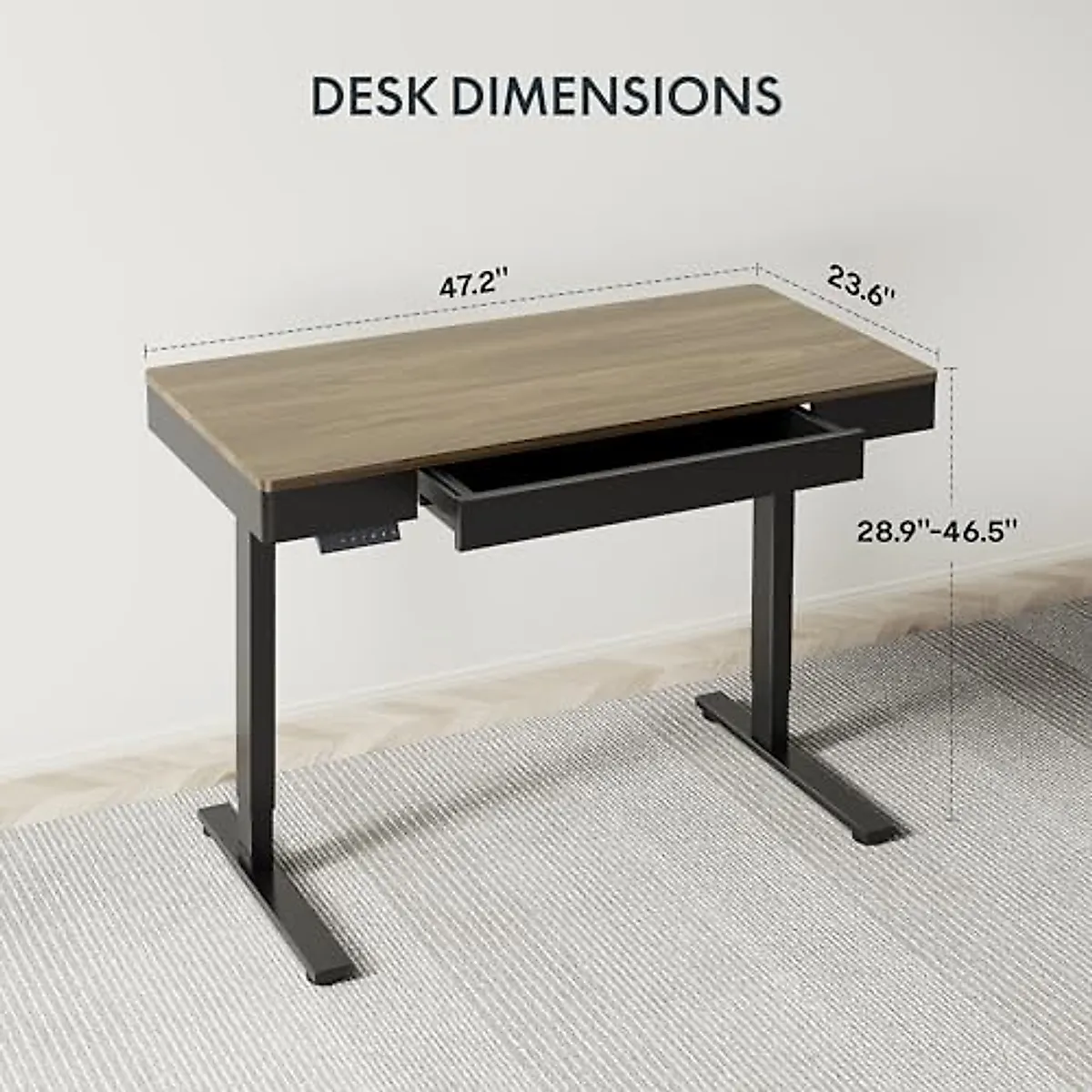 FLEXISPOT Q5 Standing Desk with Drawer, 48 x 24 Inch Electric Adjustable Height Stand Up Desk with Storage Organizer, Whole Piece Wooden Desktop for Home, Office, Computer Workstation, Dark Brown