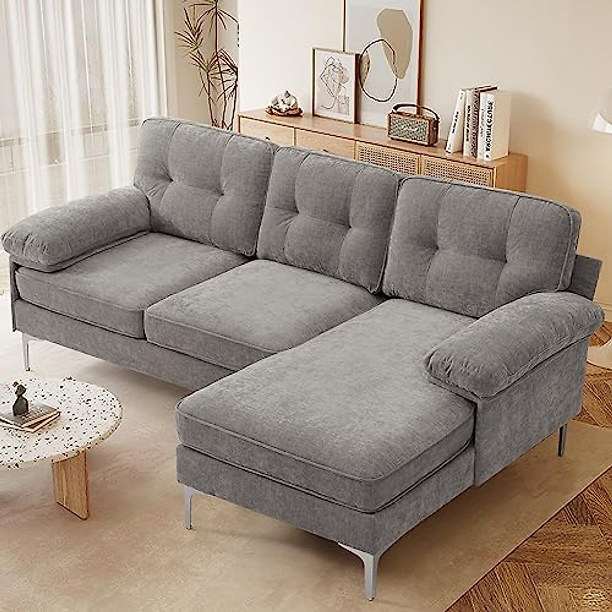 Abakan 79” Modern Sectional Sofas Couches for Living Room, Chenille L Shaped Couches with Chaise for Small Spaces, Sofa with Solid Wood Frame, Attached Armrest, Easy to Install(Light Grey)