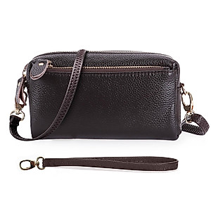 Genuine Leather Wristlet Clutch Wallet Purses for Women Small Crossbody Bags 7 Inch Shoulder Handbag 2 Straps, Coffe