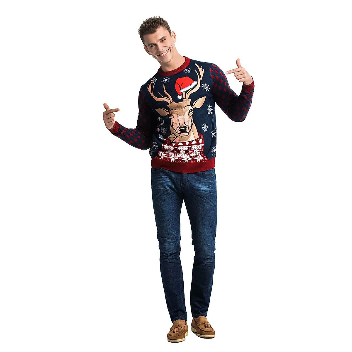 Men‘s Ugly Christmas Sweater Unisex Novelty Santa Pullover for Party Fun Reindeer with Hat Medium