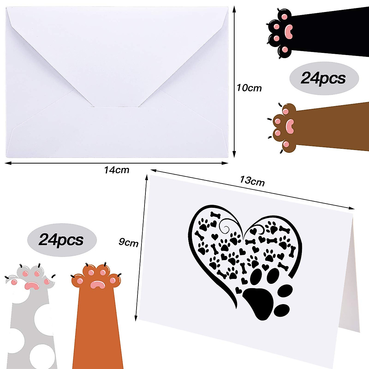 48 Pcs Paw Printed Note Cards Set, 24 Paw Printed Note Cards Heart Paw Thank You Card Paw Print Blank Greeting Card with 24 White Envelopes Animal Lovers Pet Shop Pet Birthday Party (Black and White)