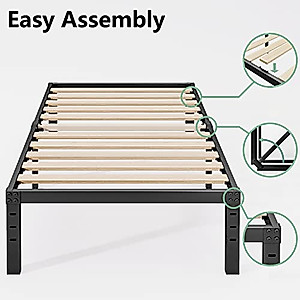 Breezehome Twin Size Bed Frame with Wide Wood Slats / 14 Inch High Heavy Duty Meta Mattress Foundation/Noise-Free Platform/No Box Spring Needed/Easy Assembly