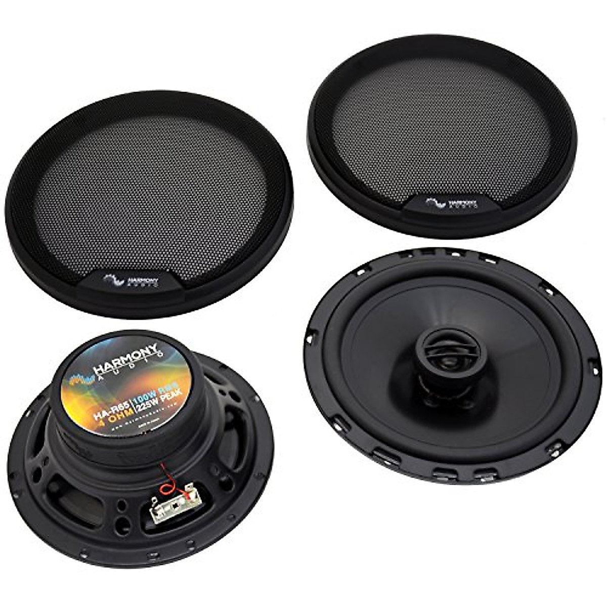 HA-65 Compatible with Jeep Wrangler 2007-2017 Car Stereo Rhythm Series 6.5" Replacement 300W Speakers, HA-A400.4 Alloy 4-Channel 800W Speaker Sub Amp and HA-AK10 Gauge 600W Amp Install Kit