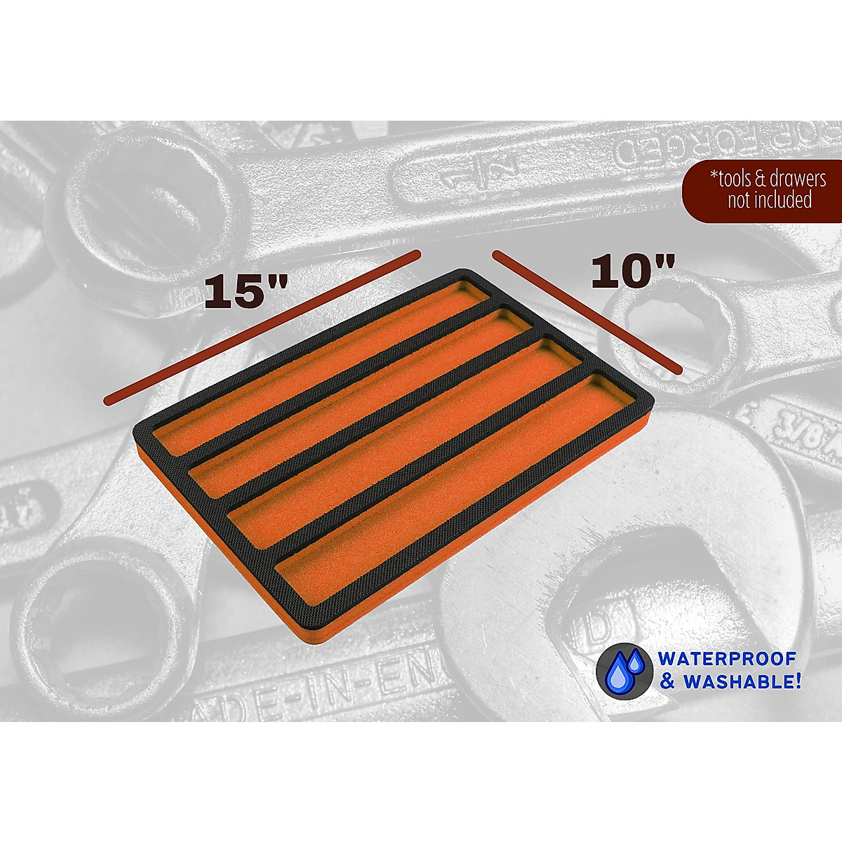 Polar Whale Tool Drawer Organizer Wrench Holder Insert Orange and Black Durable Foam Tray 15 x 10 Inches 4 Pockets Holds Wrenches Up to 14 Inches Long Fits Craftsman Husky Kobalt Milwaukee and More