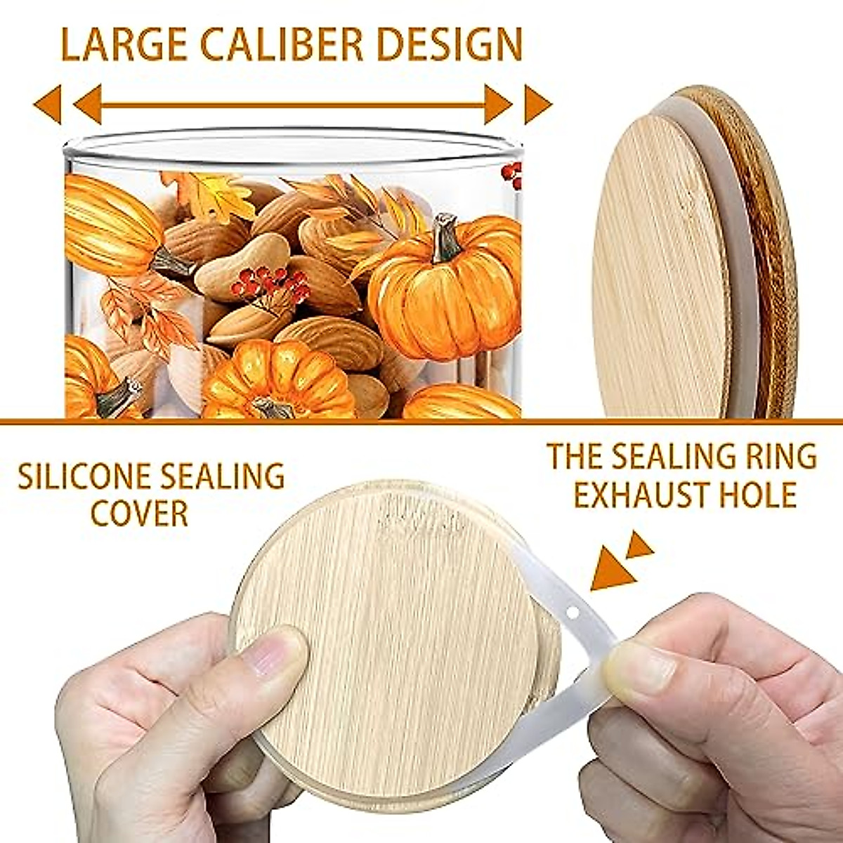 Fall Decor 3 Pack Glass Storage Jars with Airtight Bamboo Lid-Hello Fall Pumpkin Canisters Sets for Kitchen Countertop Autumn-Clear Fall Glass Storage Jars for Coffee Bean, Cookie, Candy, Tea, Flour