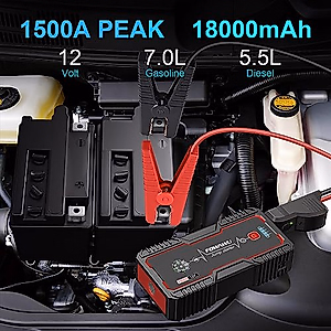 FOWAWU Car Jump Starter 1500A Peak 18000mAh Portable Jump(Up to 7.0L Gas and 5.5L Diesel), Battery Car Jump Battery Booster Pack with Smart Safety Jumper Cable, LED Light USB DC 12V Output