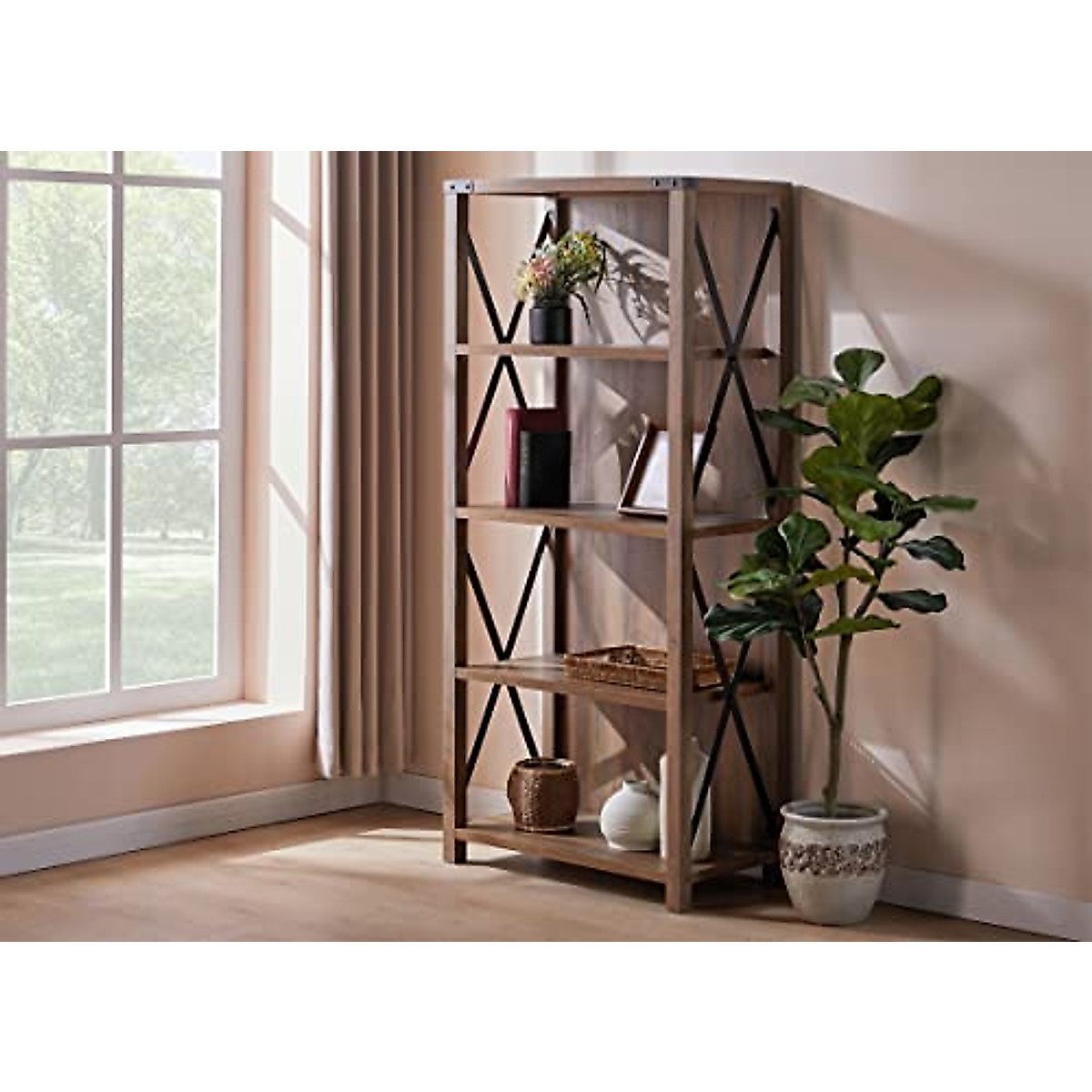 AMERLIFE 4-Tier Bookshelf, Tall Industrial Book Shelf, Rustic Wood & Metal X Frame Farmhouse Bookcase & Bookshelves for Living Room, Bedroom, Barn Wood