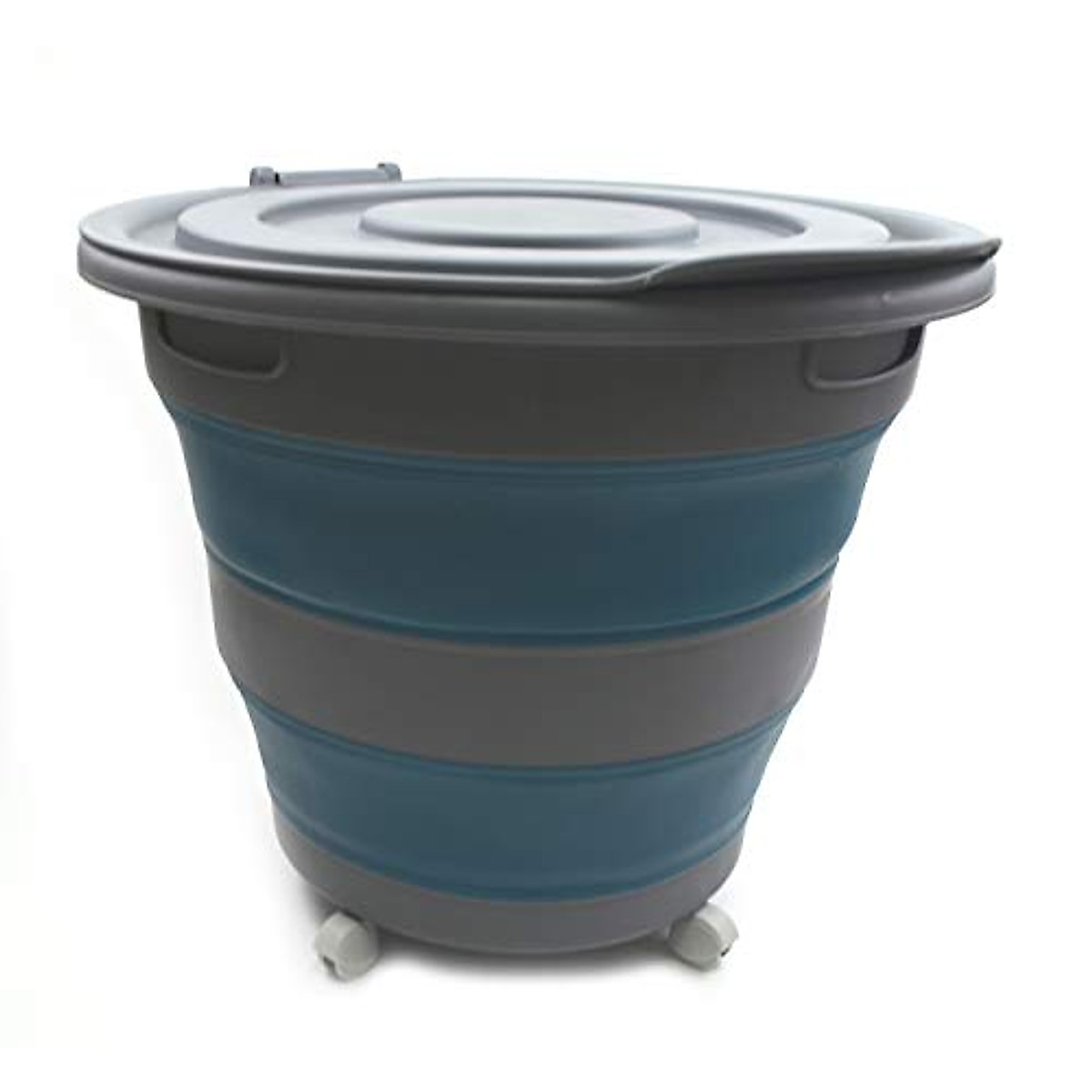 SAMMART 66L(17.4 Gallon) Collapsible Plastic Garbage Bin with Wheels & Removable Lid-Foldable Pop Up Container-Portable Washing Tub-Space Saving Basket,Water Capacity 56L(14.8 Gallon)(Grey/Blue)