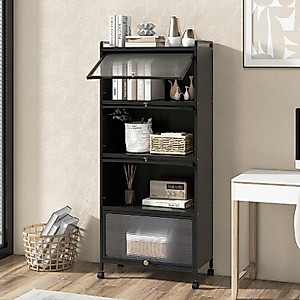 Giantex 5-Tier Kitchen Storage Cabinet, Mobile Microwave Stand with Flip-up PC Doors, Freestanding Kitchen Bakers Rack with 4 Rolling Casters, for Dining Room, Living Room and Study, Black