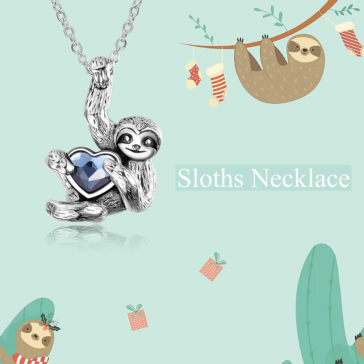 YFN Sloth Gifts Sterling Silver Sloth Necklace Heart Crystal Sloth Jewelry for Women Men Christmas Gifts