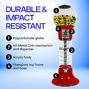 Gumball Machine Original Spiral - 4`10" Height - Set Up for $0.25 - Dispenses 1” Gumballs, Bouncy Balls & Toys in Round Capsules - Spin & Drop Vending Machines for Kids - Bubble Gum Machine - Red