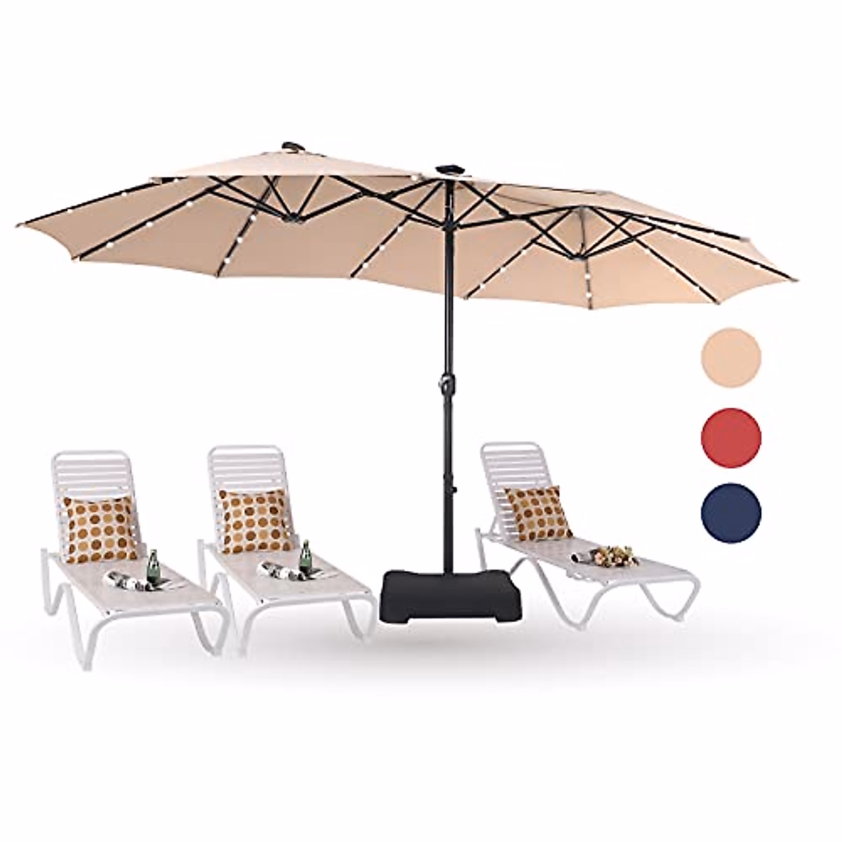 PHI VILLA 15ft Large Patio Umbrella with Solar Lights, Double-Sided Outdoor Market Rectangle Umbrellas with 36 LED Lights, Base (Stand) Included, Beige
