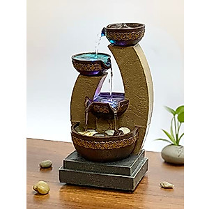 11" H Golden Tiered Bowl Fountain with Color Changing LED Lights with Adapter Brown