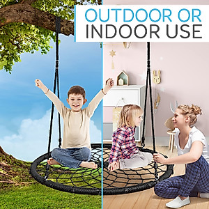 SereneLife Spider Web Tree Swing with Hang Kit and Center Spinner 40” 600 lbs Kids Outdoor Backyard Tree Playhouse Playground Saucer Swing Set Accessories Platform Glider Mat Swinging Swingset,Black