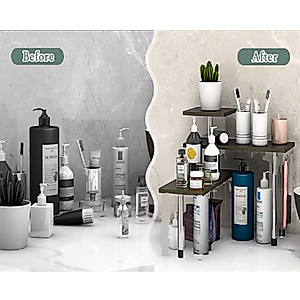 Venloup Upgraded 3 Tier Corner Shelf, Adjustable Bamboo Storage Spice Rack with Hooks, Freestanding Space Saving Counter Display Shelf for Kitchen, Office and Bedroom Adjustable (Black)