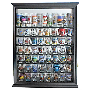 64 Shot Glass Display Case Holder Shot Glass Cabinet, Small Curio Display, Hinged Acrylic Door, Black