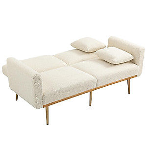 SZLIZCCC Accent Sofa, Mid Century Modern Teddy Velvet Fabric Couch， Convertible Futon Sofa Bed ，Recliner Couch Accent Sofa Loveseat Sofa with Gold Metal Feet (White Teddy)