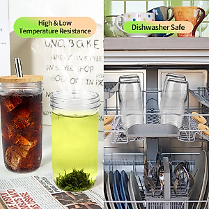 [ 4 Pack ] Glass Cups Set - 24oz Mason Jar with Straw Reusable Wide Mouth Bubble Smoothie Bobo Iced Coffee Cup w 12 Airtight Lids Brush,Tumbler Drinking Bottle for Pearl Tea, Juice