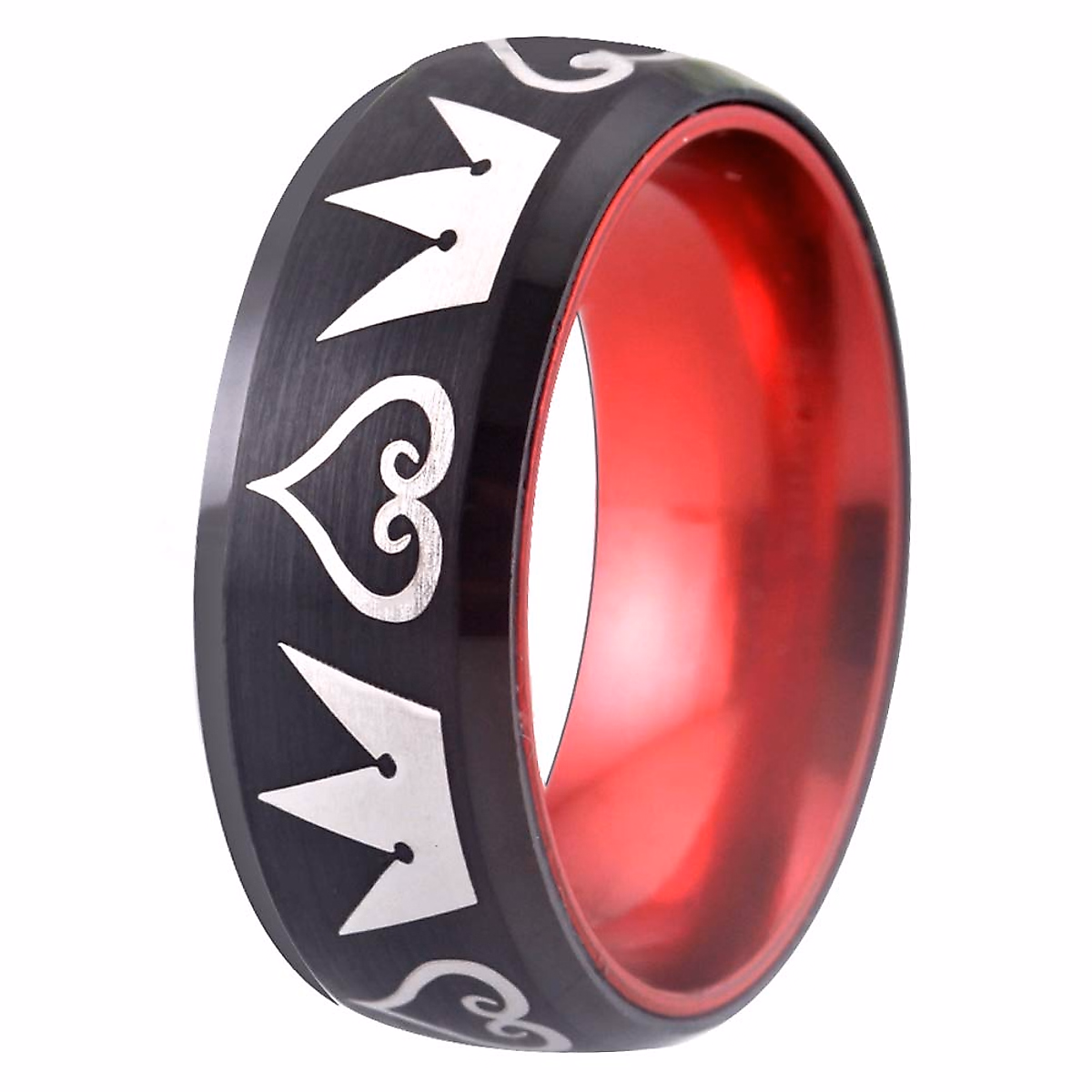 Cosplay Jewelry Kingdom Hearts & Crowns Design Ring 8mm Width Red and Black Tungsten Ring Matte Finish Beveled Edges Wedding Band-Free Customized Engraving (8mm Red, 10)