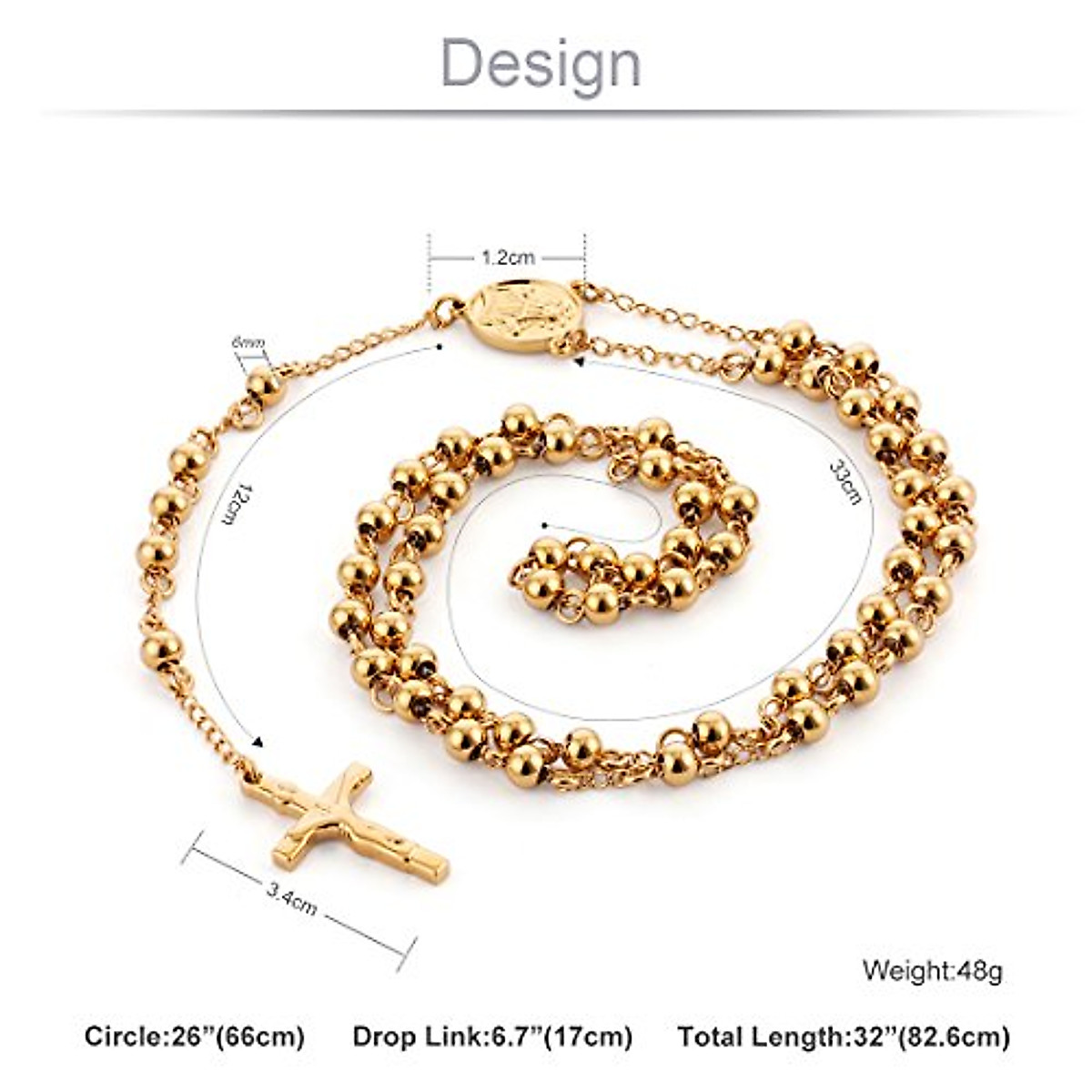 COTTVOTT Stainless Steel 6mm Beads Rosary Catholic Necklace Holy Medal & Crucifix 32inch(Golden)