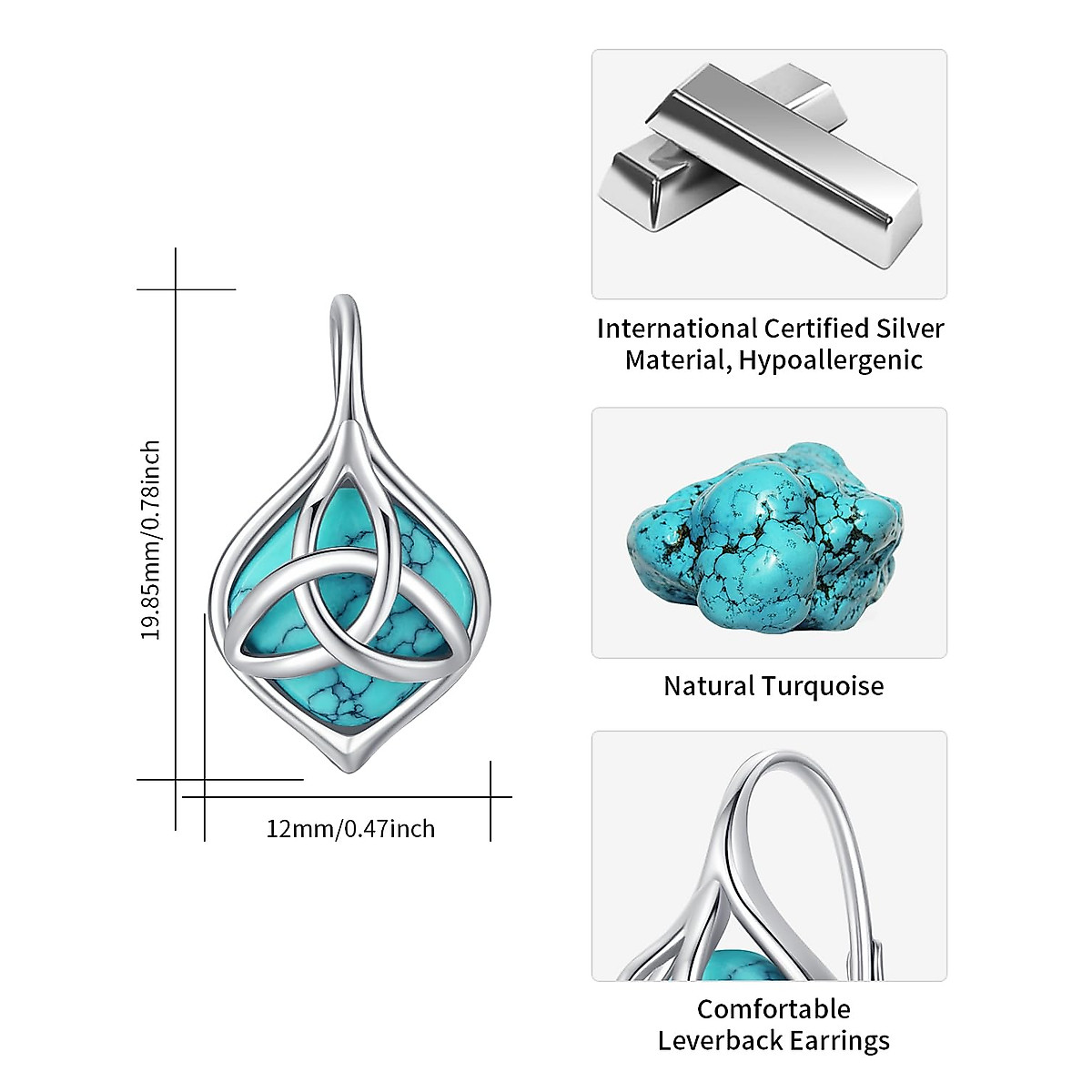 BDL Celtic Knot Genuine Turquoise Leverback Earrings Sterling Silver Dangle Drop Jewelry for Women