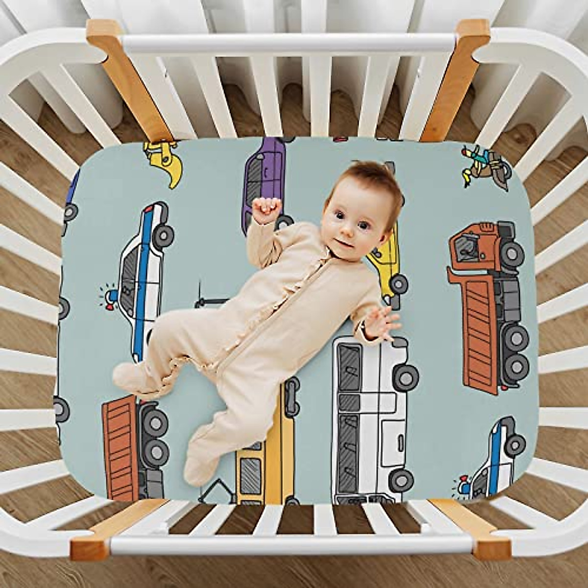Baby Fitted Mini Crib Sheets Portable Playard Sheets Stretchy Cars Traffic Doodle Girl Boys Soft Modal