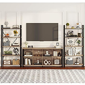 FATORRI 8 Cube Storage Organizer Bookshelf, Rustic Wood Cubby Bookcase, Industrial Horizontal Long Shelf for Living Room (Rustic Oak, 62 Inch)