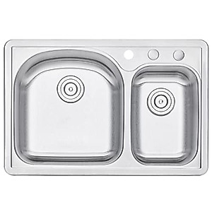 CozyBlock 33 x 22 x 8 Inch 70/30 Offset Top-mount/Drop-in Stainless Steel Double Bowl Kitchen Sink with Strainer - 18 Gauge Stainless Steel-3 Faucet Hole