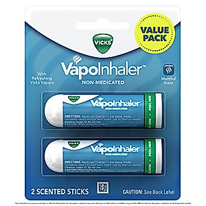 Vicks VapoInhaler, On-The-Go Portable Nasal Inhaler, Non-Medicated, with Refreshing Vapors, Menthol Scent, 2 Scented Sticks (Pack of 2)