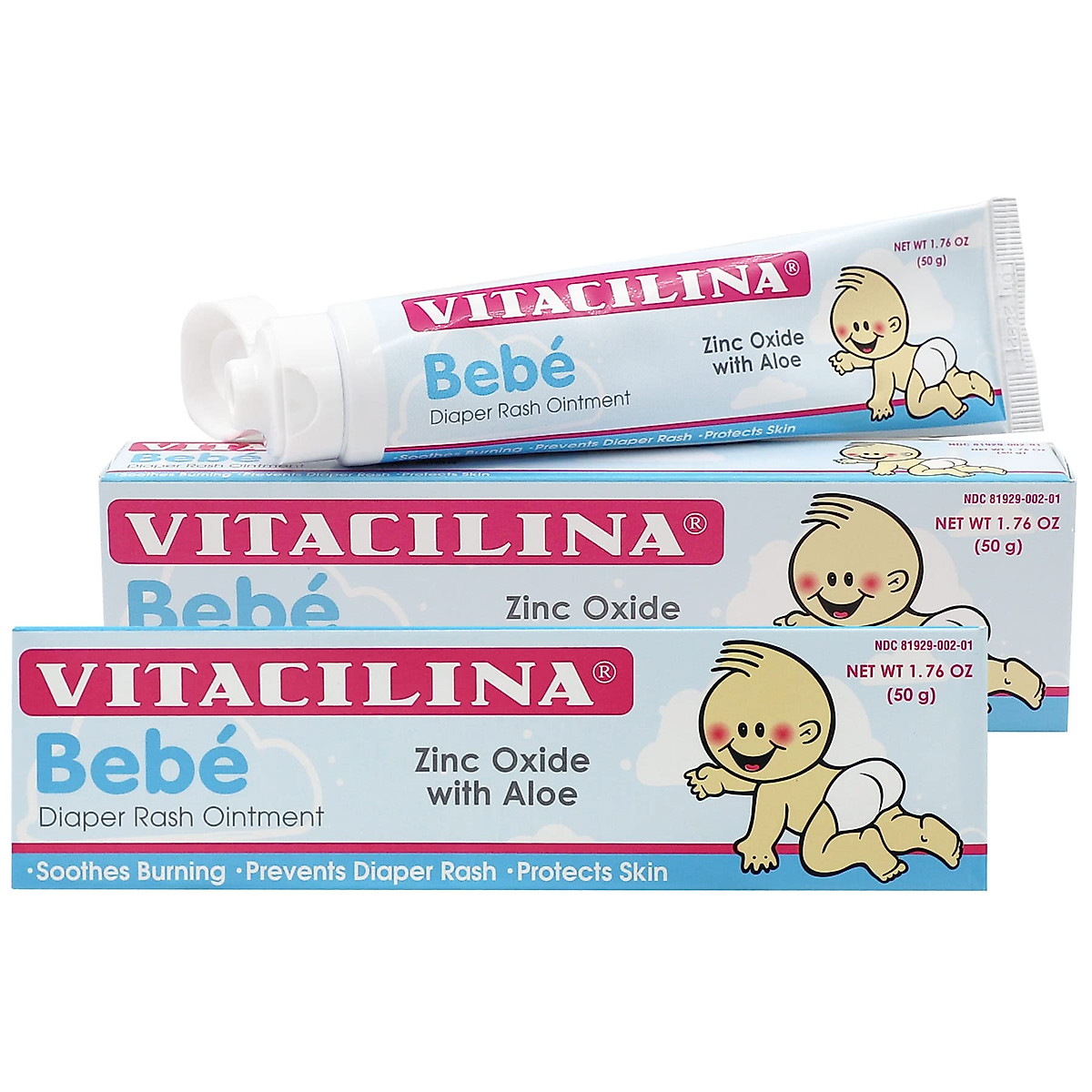 Vitacilina Bebe, Diaper Rash Ointment, Skin Protectant with Vitamins and Wetting oils, Protects Baby's Skin, 2-Pack of 1.76 Oz, 2 Boxes