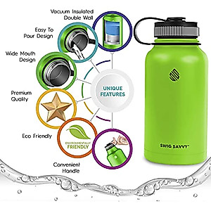Swig Savvy Vacuum Insulated Stainless Steel Water Bottle with Straw, Double Wall Wide Mouth Sports Bottle with Storage Sleeve, Keeps Liquids Cold for 24 Hours, Hot for 12, 32 Ounces, Green