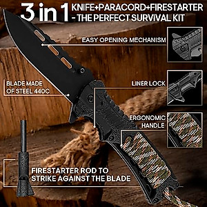 Grand Way Pocket Knife - Tactical Folding Knife - Spring Assisted Knife with Fire Starter Paracord Handle - Best EDC Survival Hiking Hunting Camping Knife - Knife with Firestarter and Whistle 6772