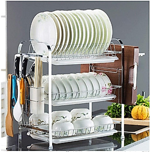 Plate Rack Draining Dish Rack 3-Tier Stainless With Drainboard and Cutlery Cup, Kitchen Supplies Drying Frame Dish Pan Plate Holder