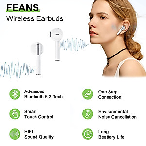 FEANS True Wireless Earbuds, Bluetooth 5.3 noise cancelling Headphones with Microphone, Waterproof Stereo Earphones Touch Control Headset with Deep Bass for iPhone/Android (White)