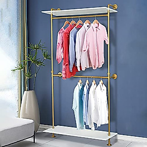 Industrial Pipe Clothing Rack, Golden Pipe Clothes Rack Wall Mounted With 2 Tier Real Wood Shelves Attach To The Wall Sturdy And Stylish Industrial Garment Rack Hold The Clothes Display The Clothes