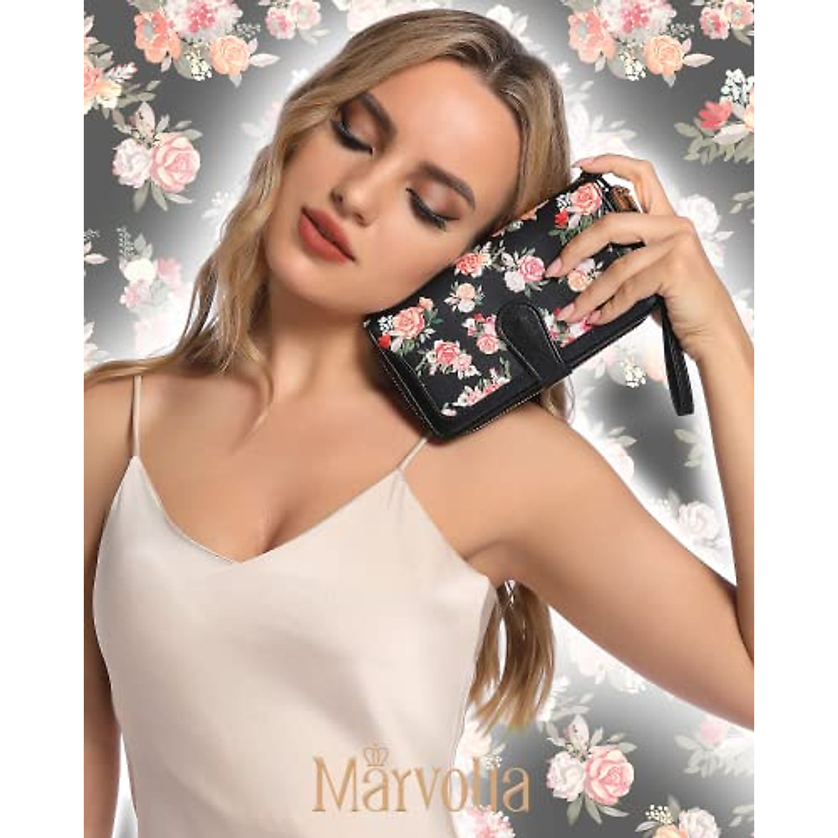 Marvolia Wristlet Wallets for Women - RFID Blocking Wallet Printed Clutch Wallet PU Leather Card Holder Ladies Wallet Zip Around Wallets - Blooming Flowers