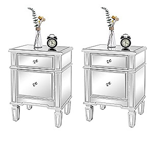 VINGLI Nightstands Set of 2 Mirrored Side Tables Glass End Table with Drawer for Bedroom, Silver