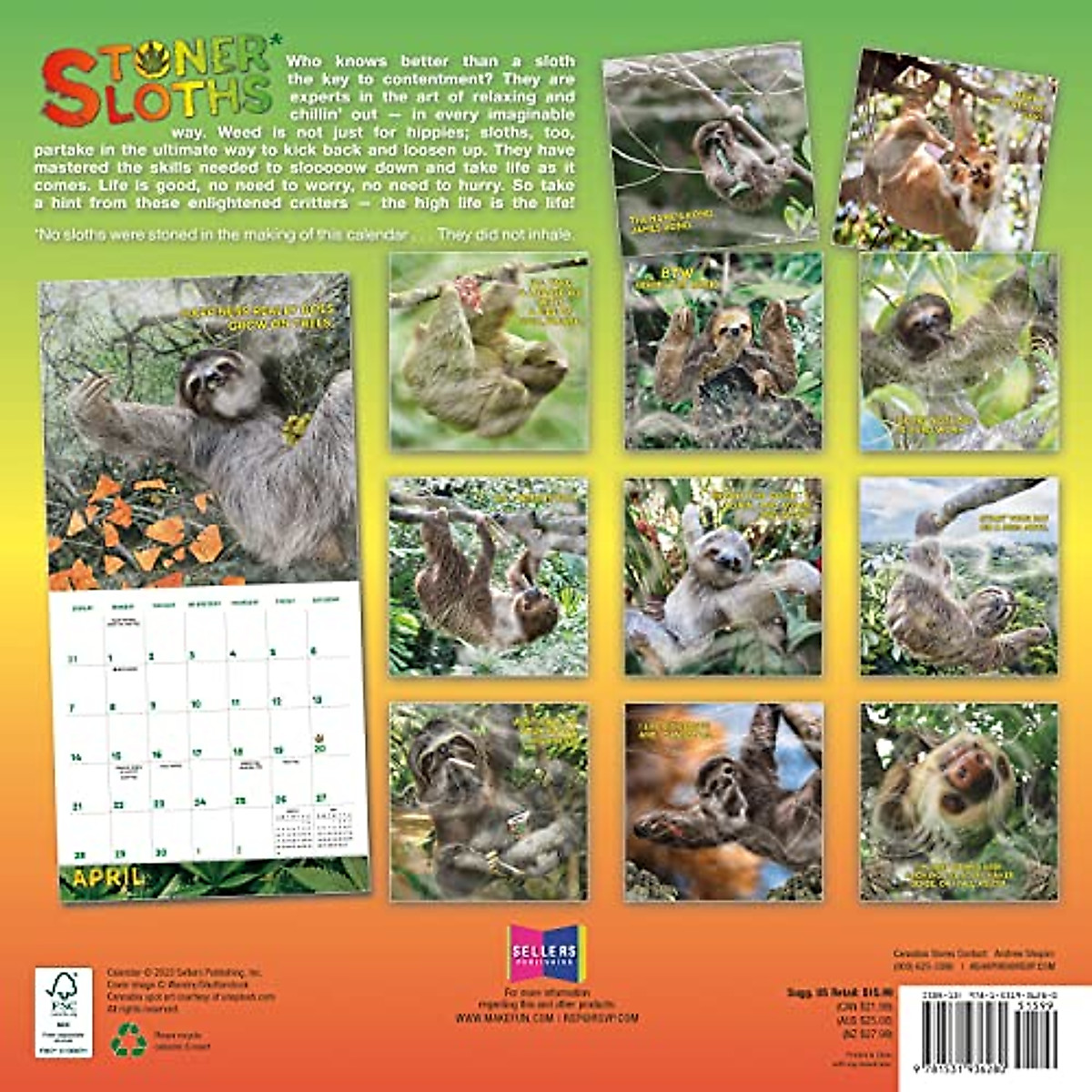 Stoner Sloths 2024 Wall Calendar, 16-Month Humor & Comic Calendar, 12" x 12"