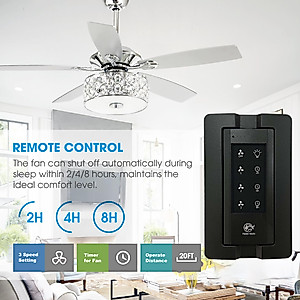 Parrot Uncle Ceiling Fans with Lights and Remote 52 Inch Chandelier Ceiling Fan with Light for Bedroom, Reversible Motor, 3 Speeds, Timer, Silver