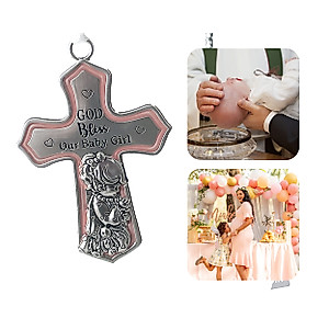 Ornate Crib Cross Decor with Ribbon Baby Girl for Baptism, Christening, Baby Shower "God Bless Our Baby Girl"