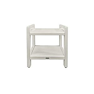 EcoDecors Coastal Vogue White Wash Eleganto 20" Teak Shower Stool with LiftAid Arms and Shelf