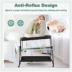 BABY JOY Bassinet Bedside Sleeper, Easy Folding Baby Crib w/All-Side Mesh, Storage Shelf, 7 Adjustable Heights, Mattress & Travel Bag for Safe Co-Sleeping, Portable Baby Bed for Newborn Infant -Black