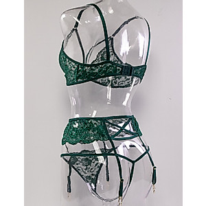 Women Lingerie with Stockings and Gloves,Garter Belt Lingerie Set Green M