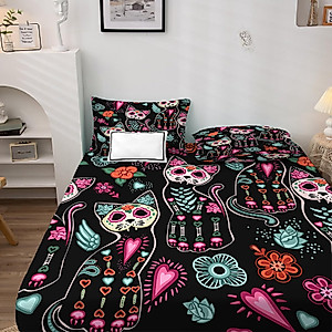 Day of The Dead Sheets Full Size, Cat Bed Sheets, Patterned Bedding Sheets & Pillowcases 4 Piece Set - Soft Microfiber Deep Pocket Fitted Sheet & Flat Sheet & 2 Pillow Cases L5-&-299
