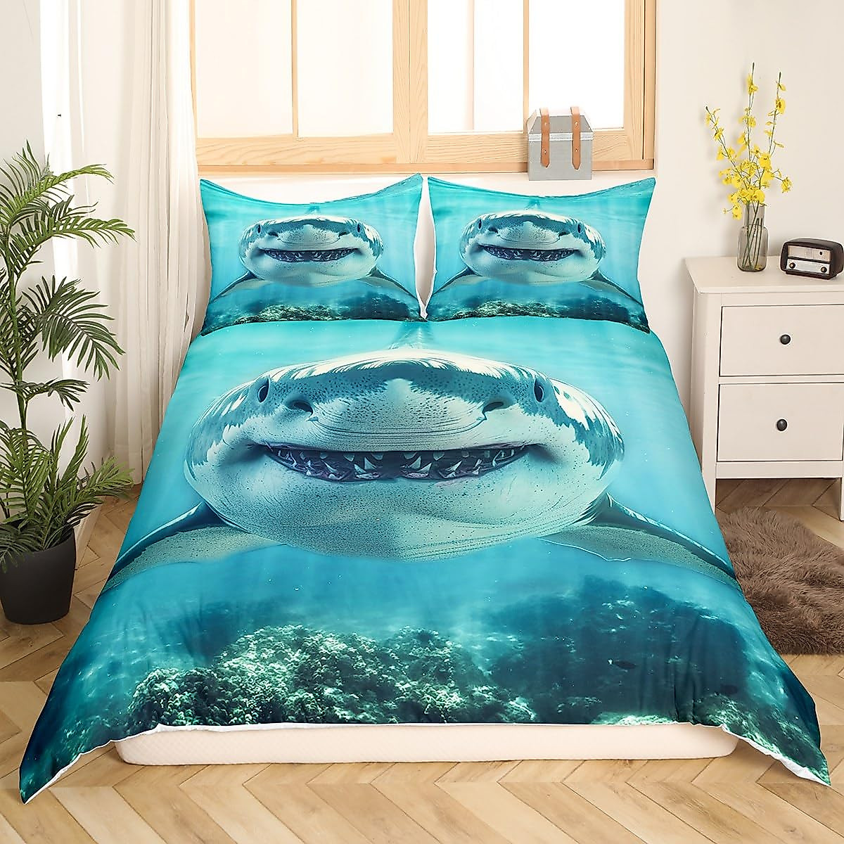 Shark Pattern Bedding Set Twin Size for Kids Boys Bedroom,Sea Animals Bed Duvet Cover Set,Shark Fish Print Comforter Cover Hawaiian Beach Decor 2 Pieces 1 Duvet Cover with 1 Pillowcase（No Comforter）